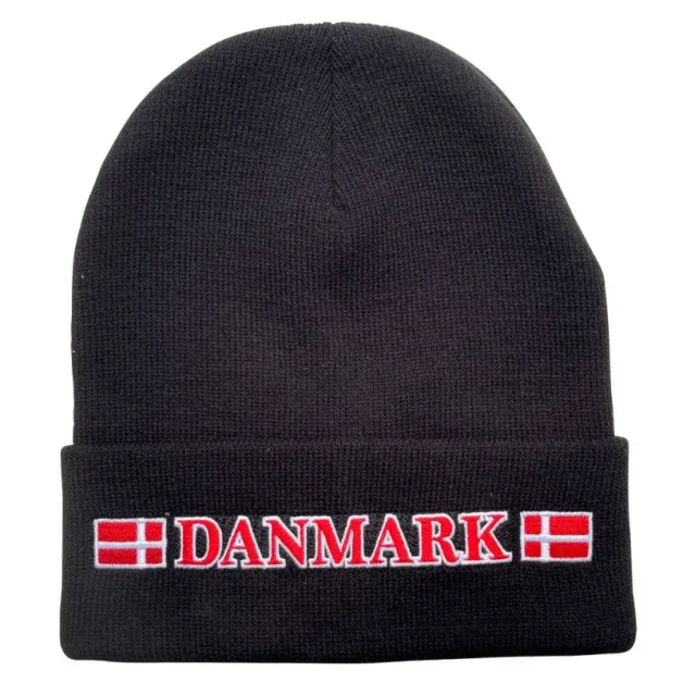 Danmark hue sort | Rød broderi | Flag | Støt DK